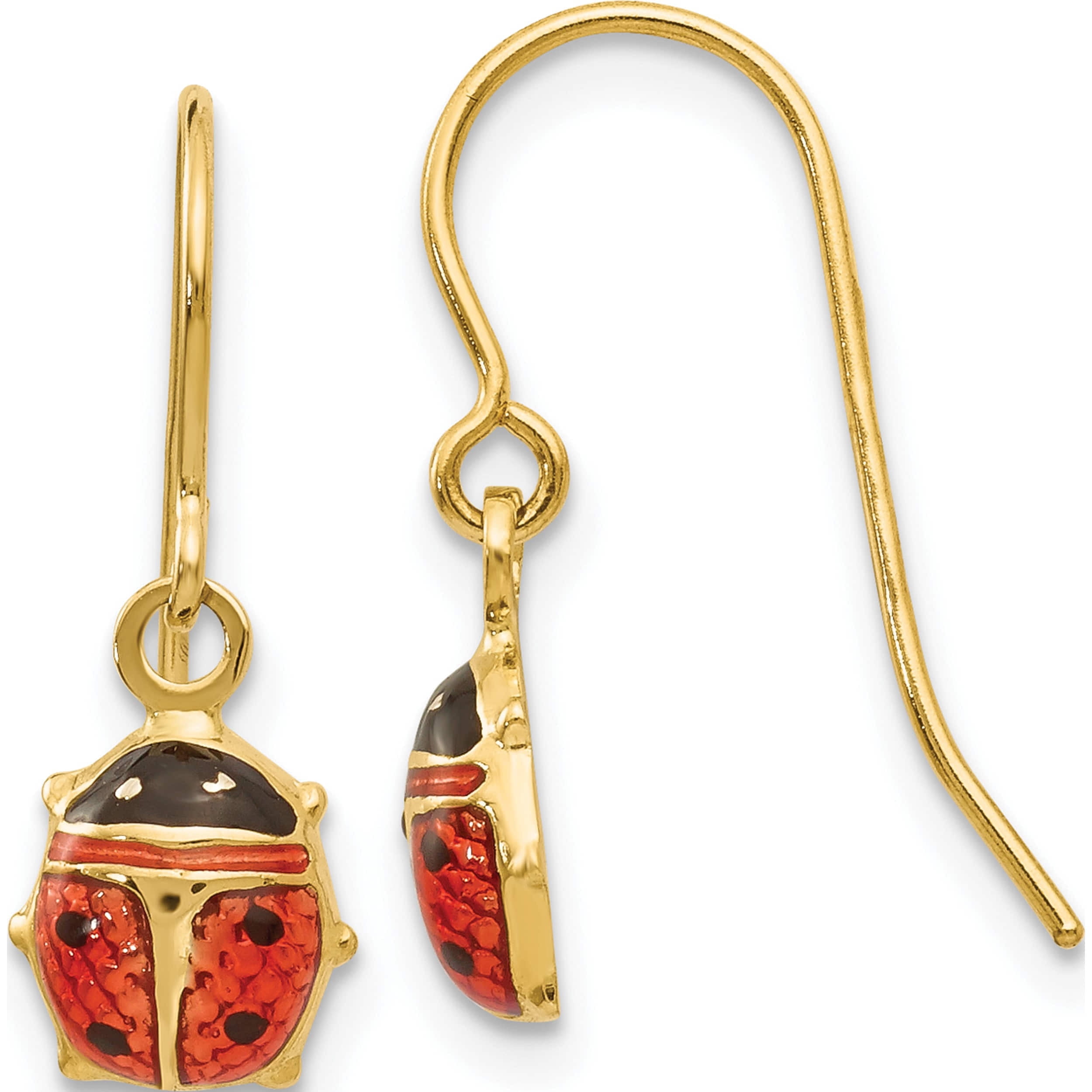 14K Yellow Gold Enameled Ladybug Dangle Earrings (19 X 7) Made In ...