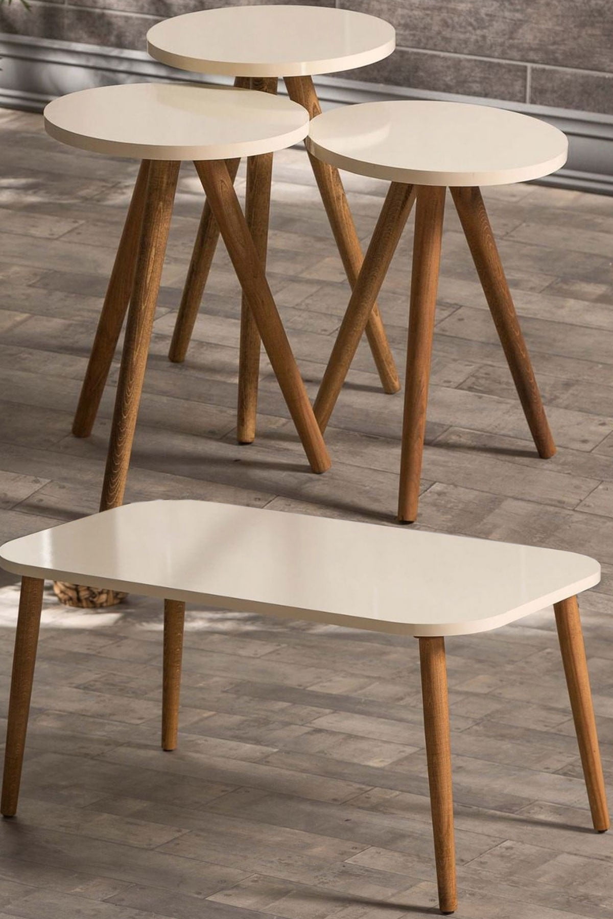 Cream White Table Set with 4 PCS,Rectangular Coffee Table Set of 3 ...