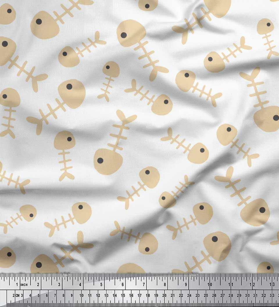 Soimoi White Cotton Duck Fabric Fish Skeleton Ocean Print Sewing Fabric ...
