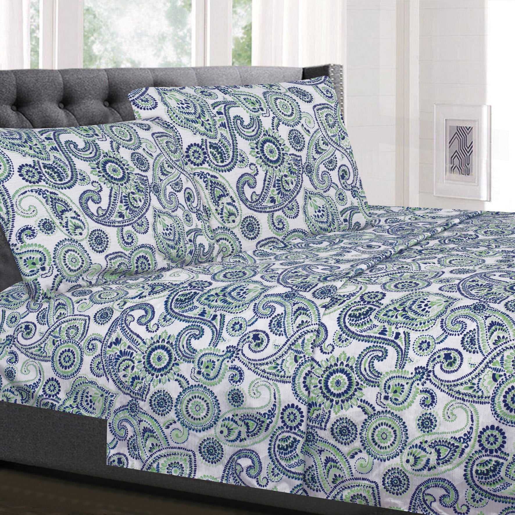 Modern Paisley Pattern Blue and Green 4-Piece 1500 Supreme Collection ...