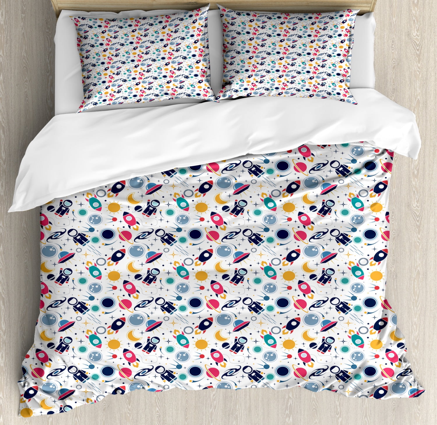 Spaceship Duvet Cover Set King Size, Silhouettes of Space Elements ...