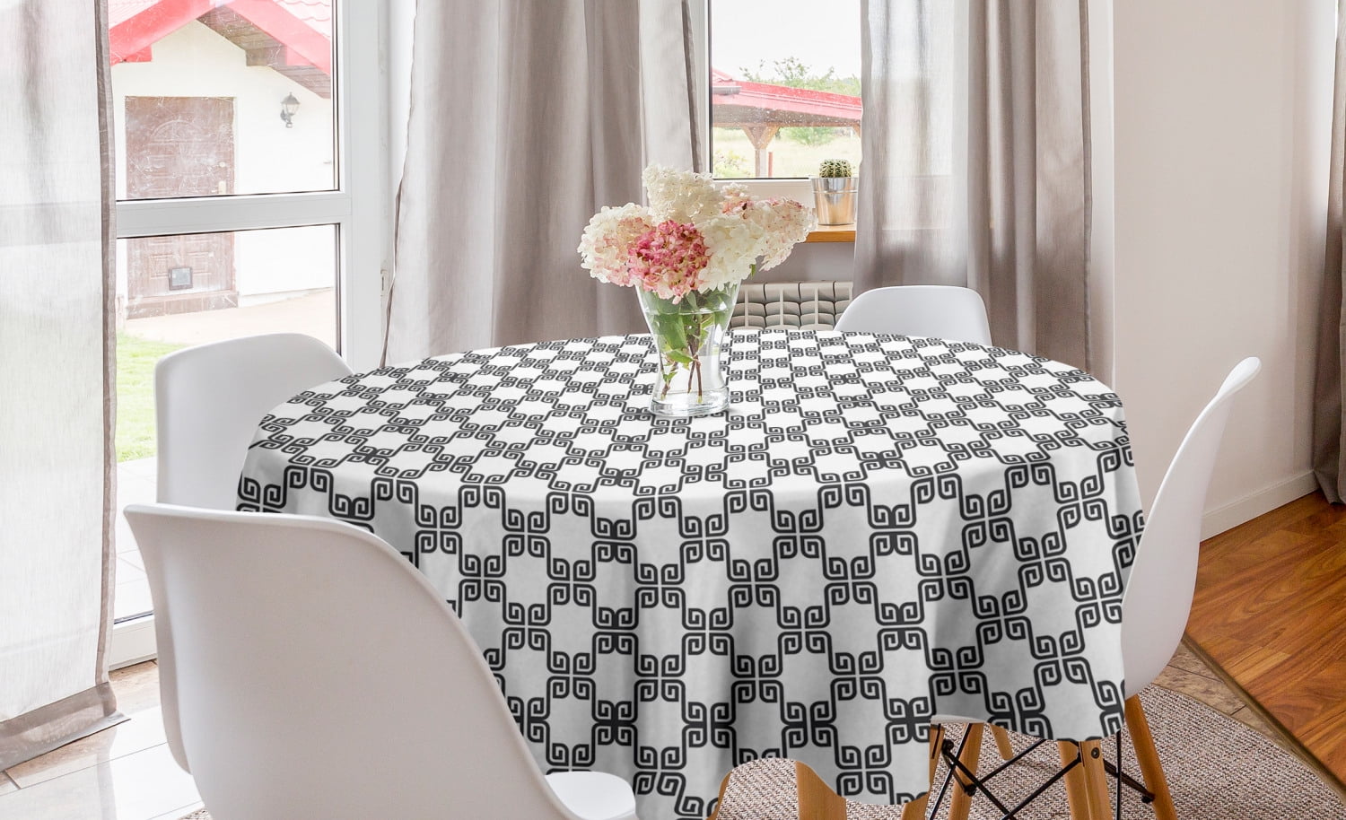Vintage Round Tablecloth, Tile Design from Indonesia Monochrome Mosaic ...