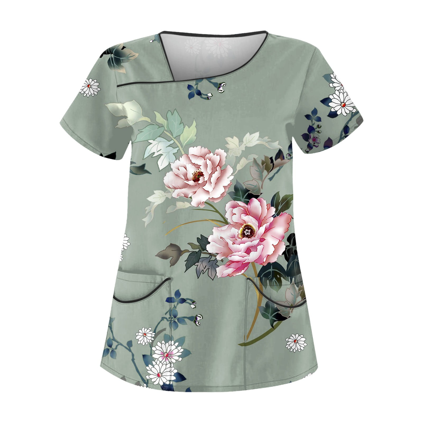 EHTMSAK Scrubs Tops for Women Sale Floral with Pocket Nurse Working ...