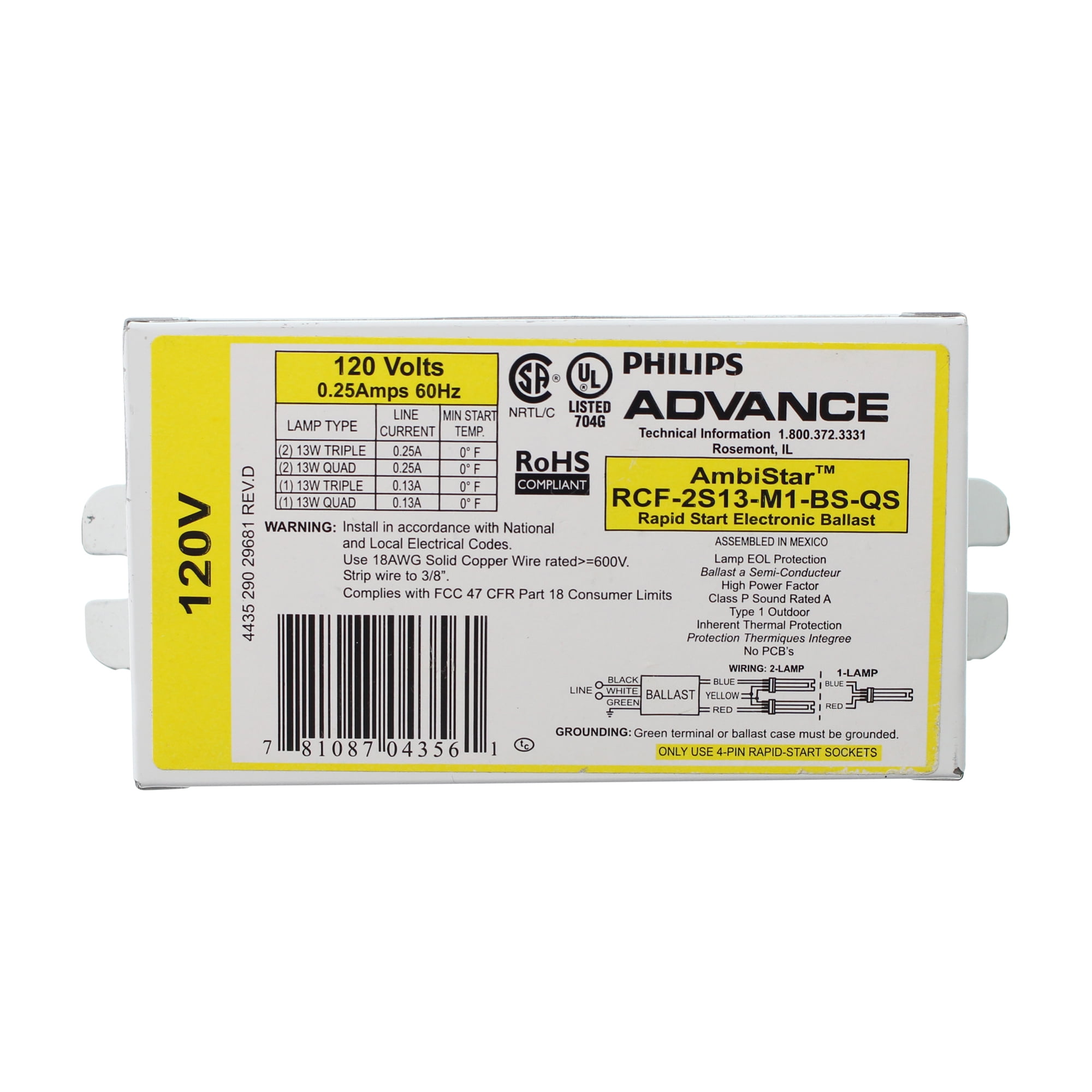 Advance RCF-2S13-M1-BS-QS Electronic Fluorescent Ballast, 2-Lamp, CFL ...