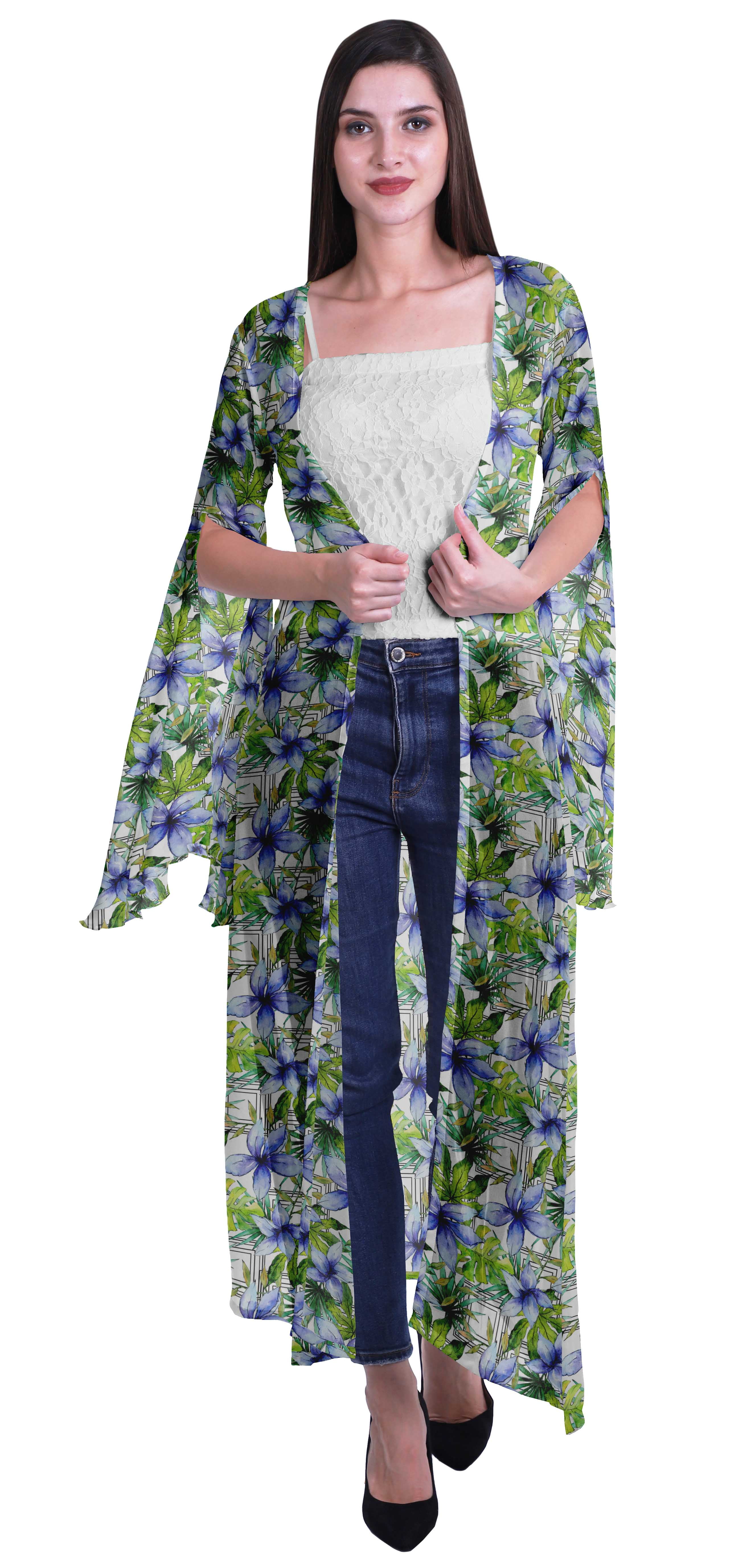 Moomaya Printed Georgette Beach Clothes For Women Long Shrug Cover Up ...