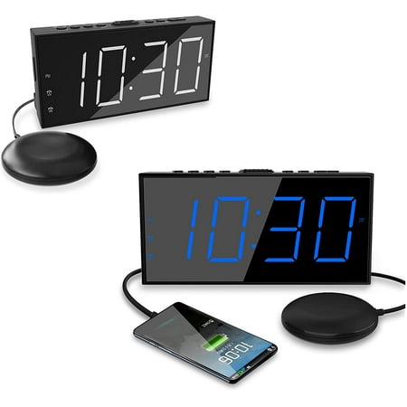(Blue+White) 2 Loud Alarm Clocks for Bedroom, Vibrating Alarm Clock for ...