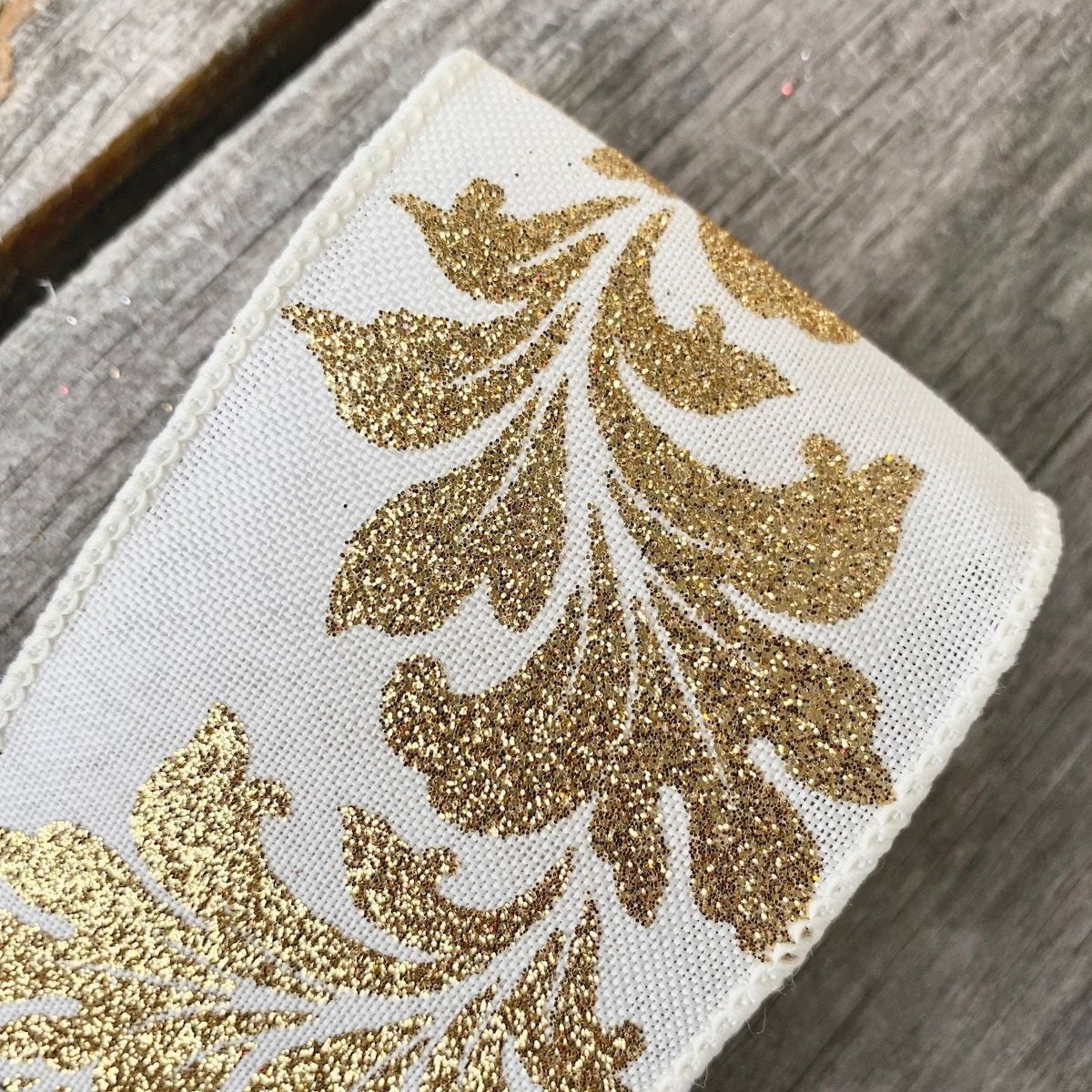 Gold Glitter Leaves On Ivory Linen Wired Ribbon - Walmart.com