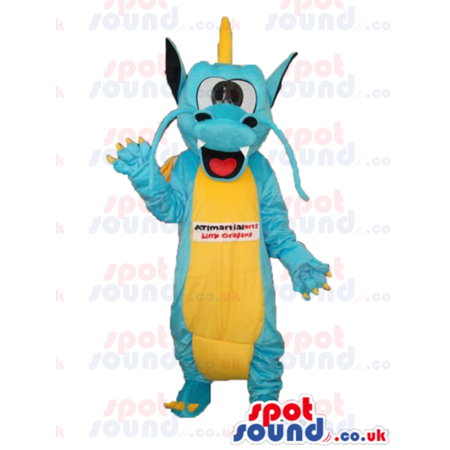 Exotic Blue Dragon Plush SPOTSOUND Mascot With Yellow Belly And Text ...