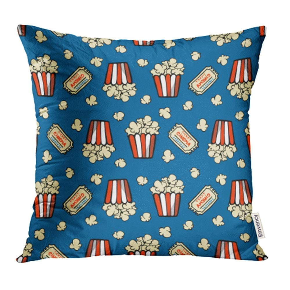CMFUN Red Corn Striped Box of Popcorn and Movie Ticket Pattern on Blue ...