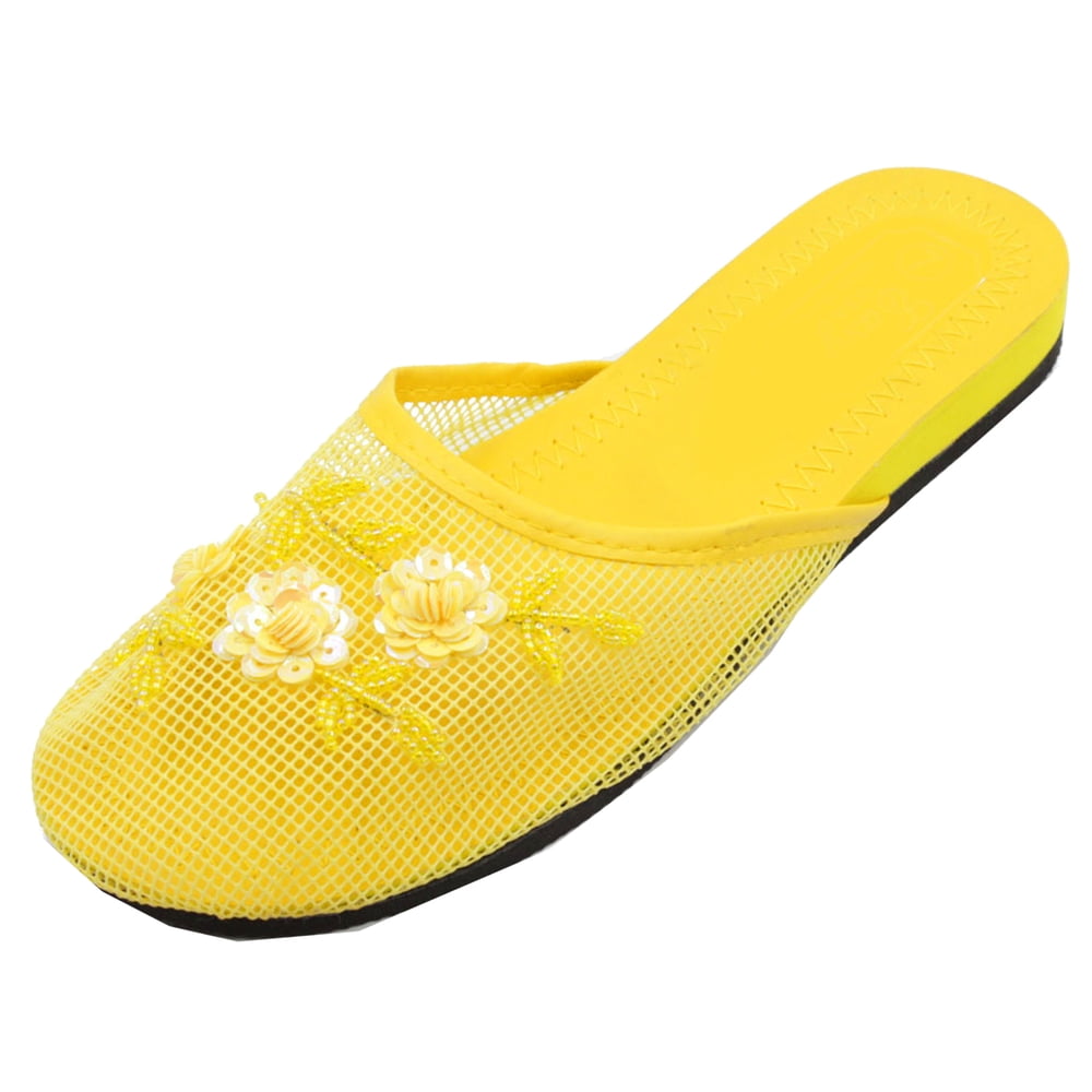 SNJ - Women's Mesh Sequin Slide Beaded Chinese Floral Sandal Slipper ...
