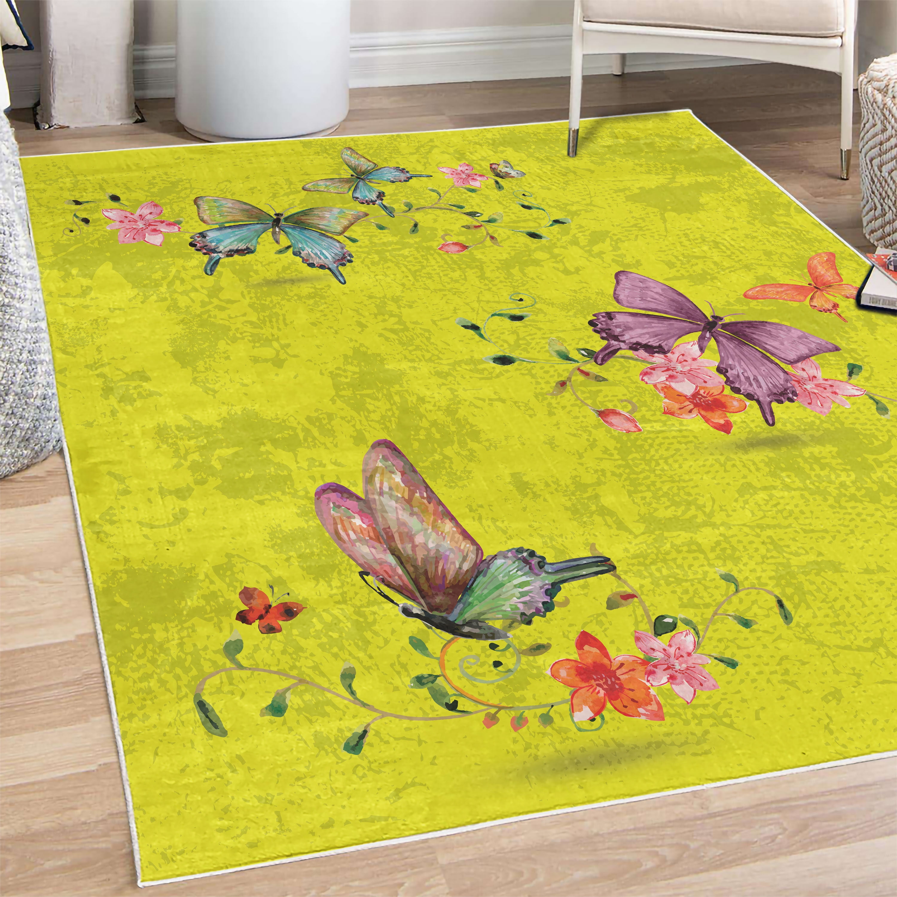 Butterfly Decorative Rug, Springtime Flying Moths on Vintage Style ...