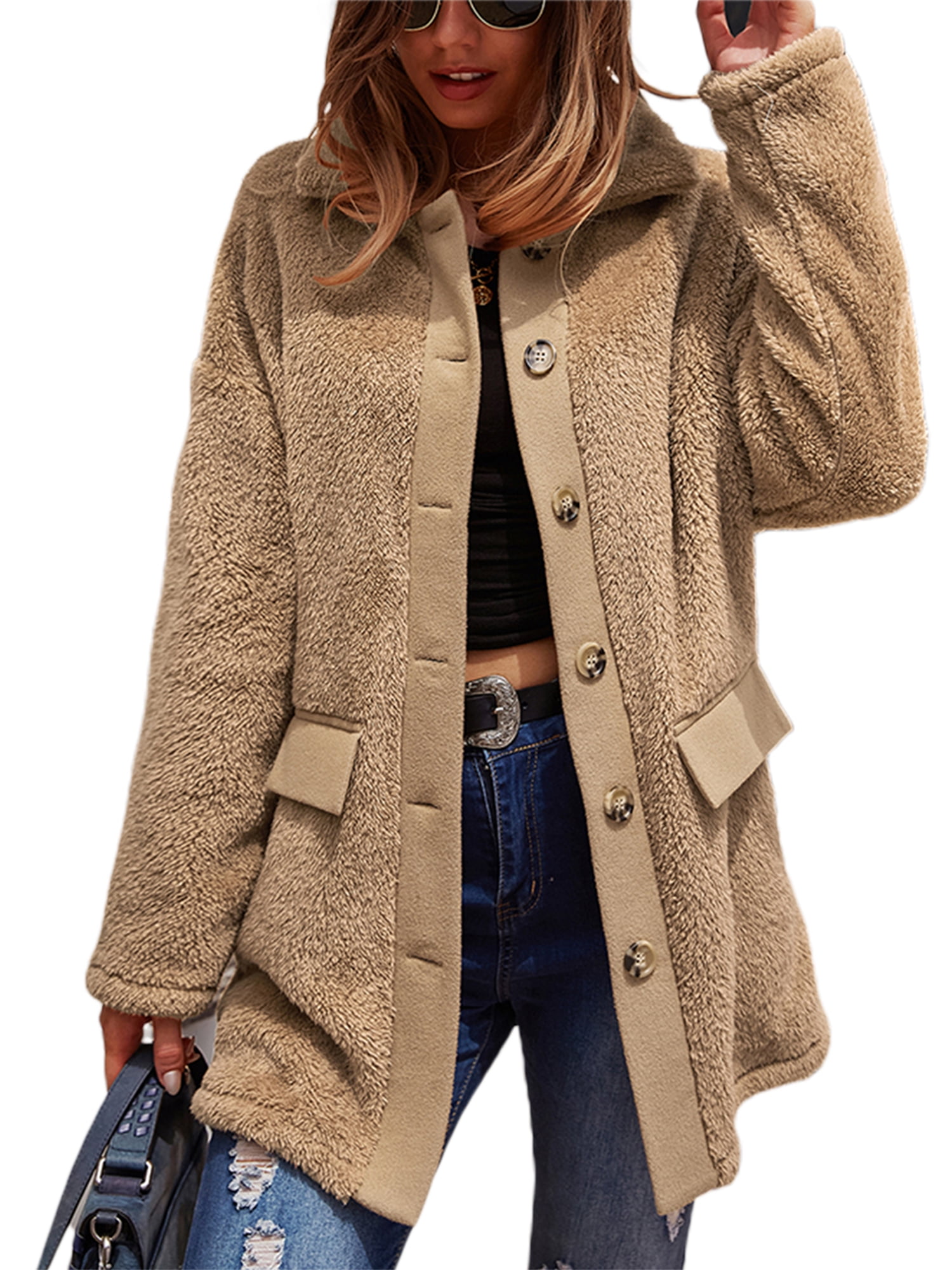 Seyurigaoka Women Juniors Winter Fuzzy Jacket, Solid Color Long Sleeve ...