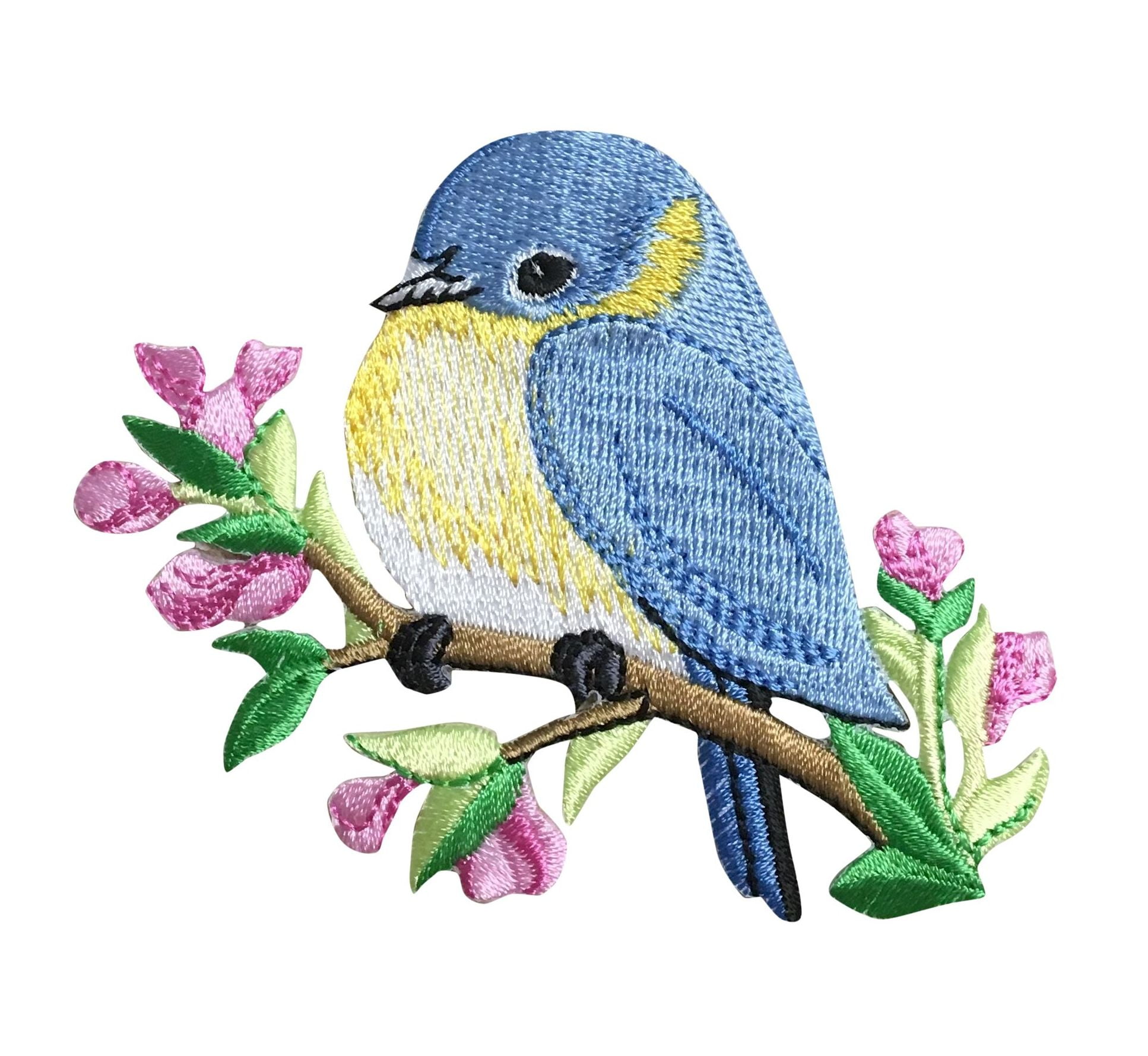Bluebird on Branch - Facing Left - Pink Flowers/Natural Bird - Iron on ...