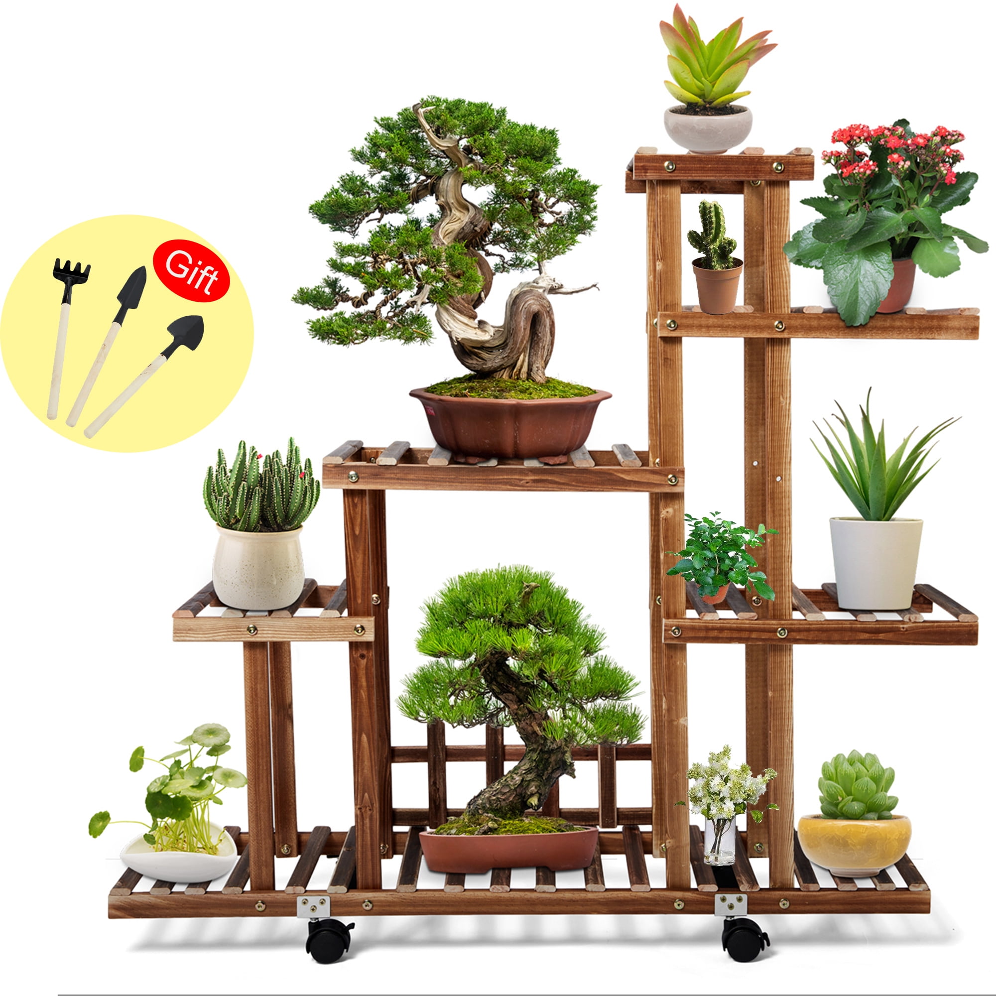 Flower Shelf, 5-Tier Pot Flower Wooden Plant Stand Movable Shelf Wood ...