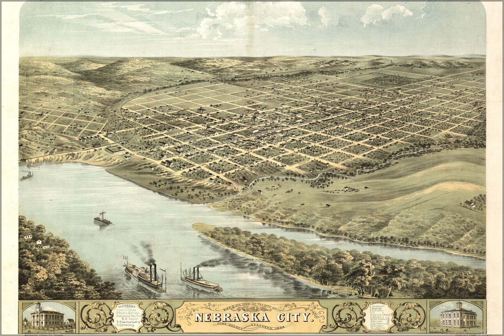24"x36" Gallery Poster, birdseye view map of Nebraska City, Nebraska ...