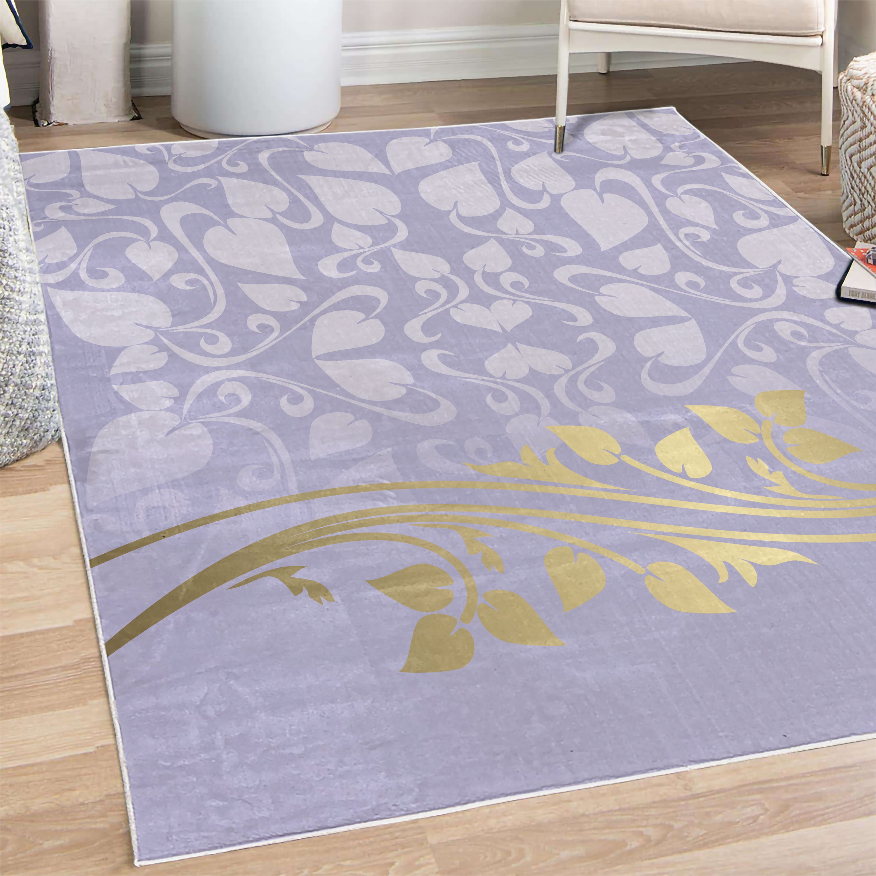 Floral Decorative Rug, Romantic Royal Leaf Pattern Yellow Colored ...