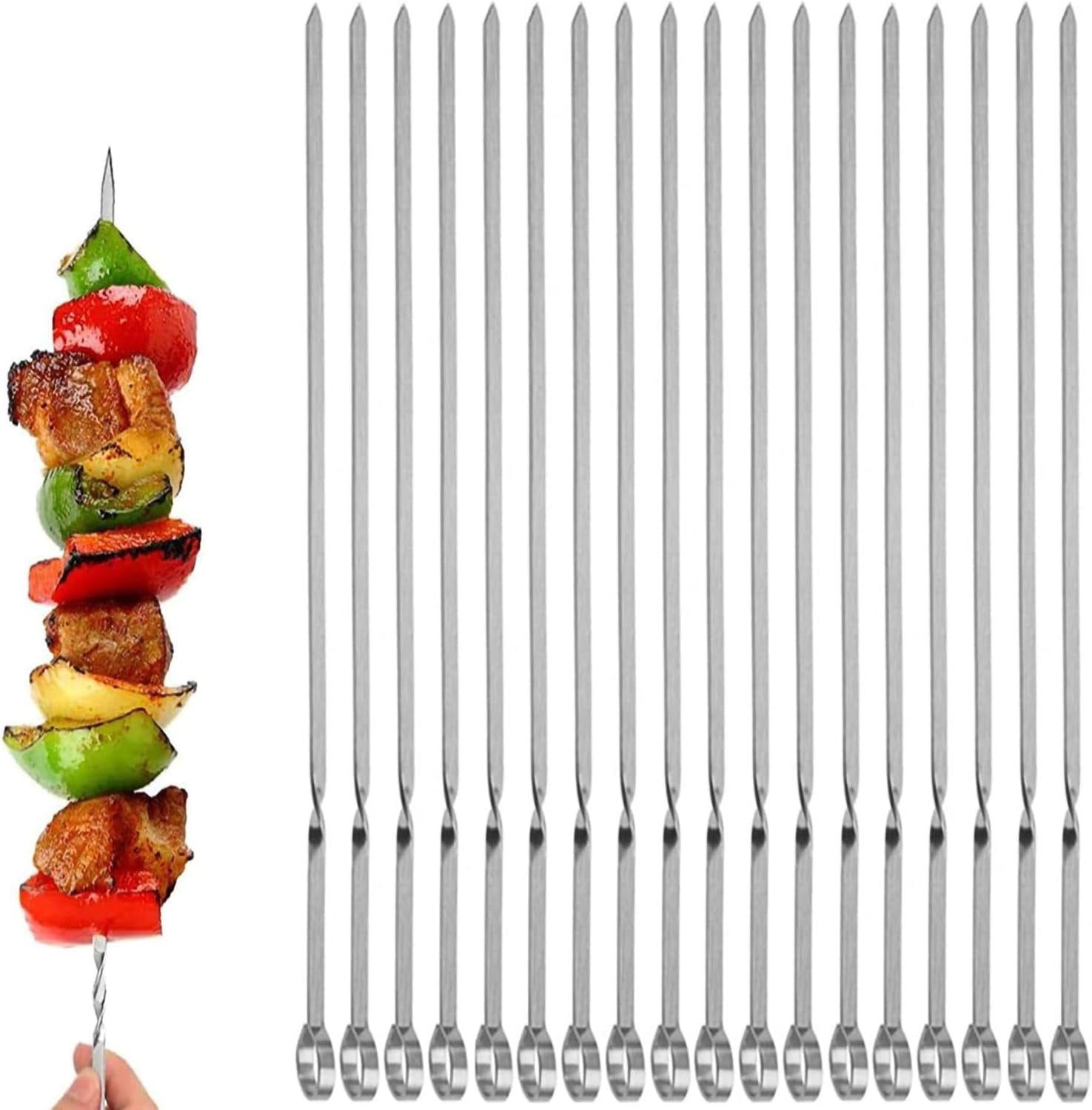 SHIQI-Jomverl 18PCS Kabob Skewers Flat Metal BBQ Barbecue Skewer 16"" Long Stainless Steel Shish ...