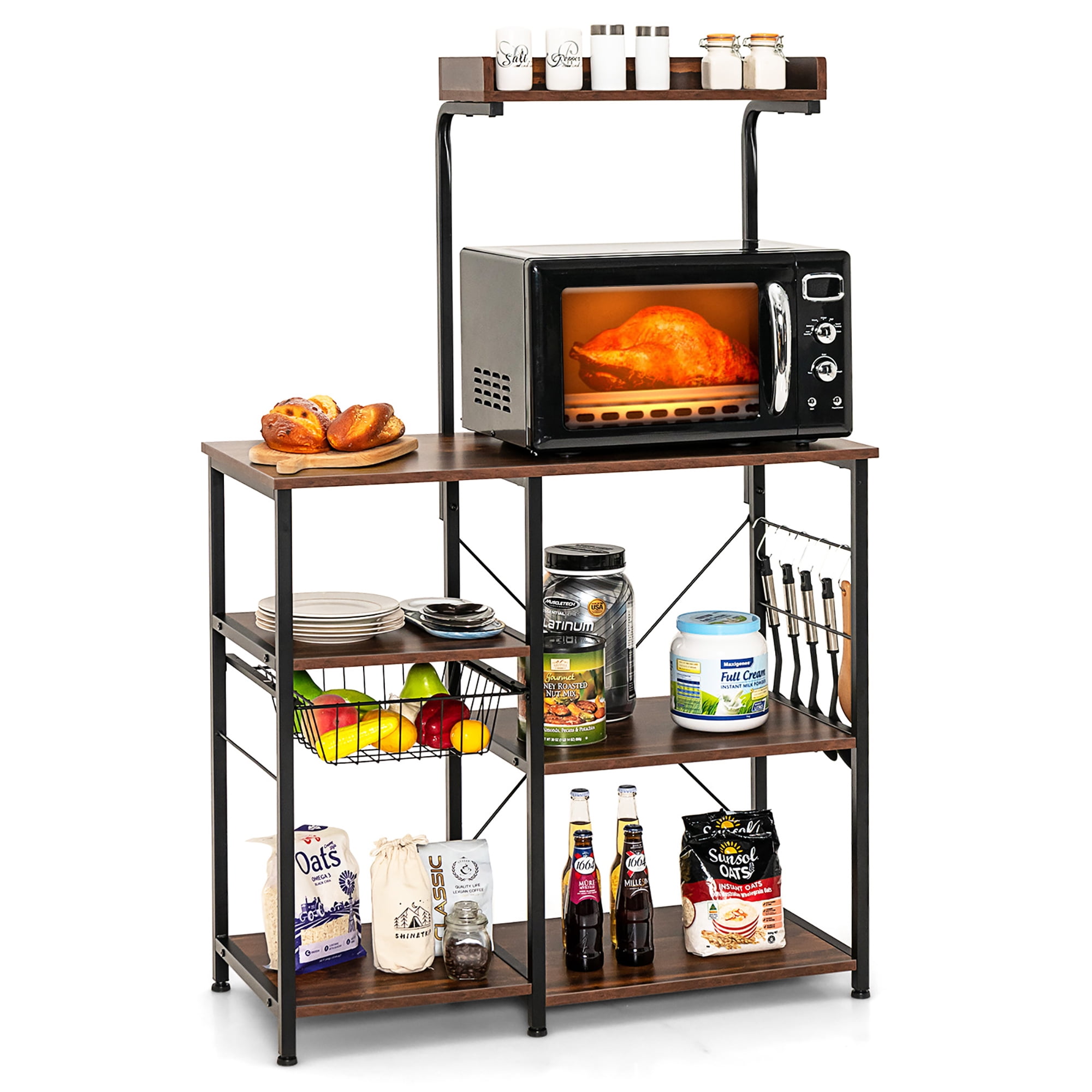 Costway 4-Tier Kitchen Baker's Rack Microwave Stand w/Basket & 5 Hooks ...