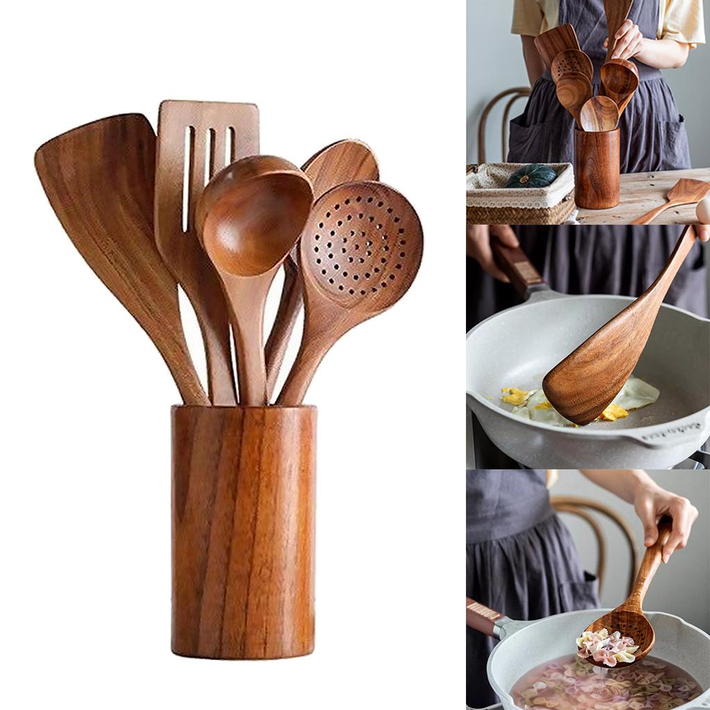Kitchen Wooden Utensils for Cooking, Wood Utensil Natural Teak Wood ...