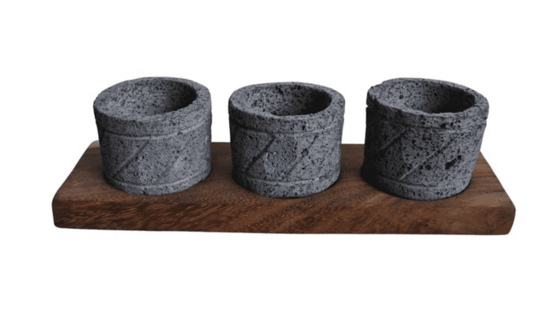 Juego de Tres Salseros de Piedra Volcánica con Base de Madera Parota ...