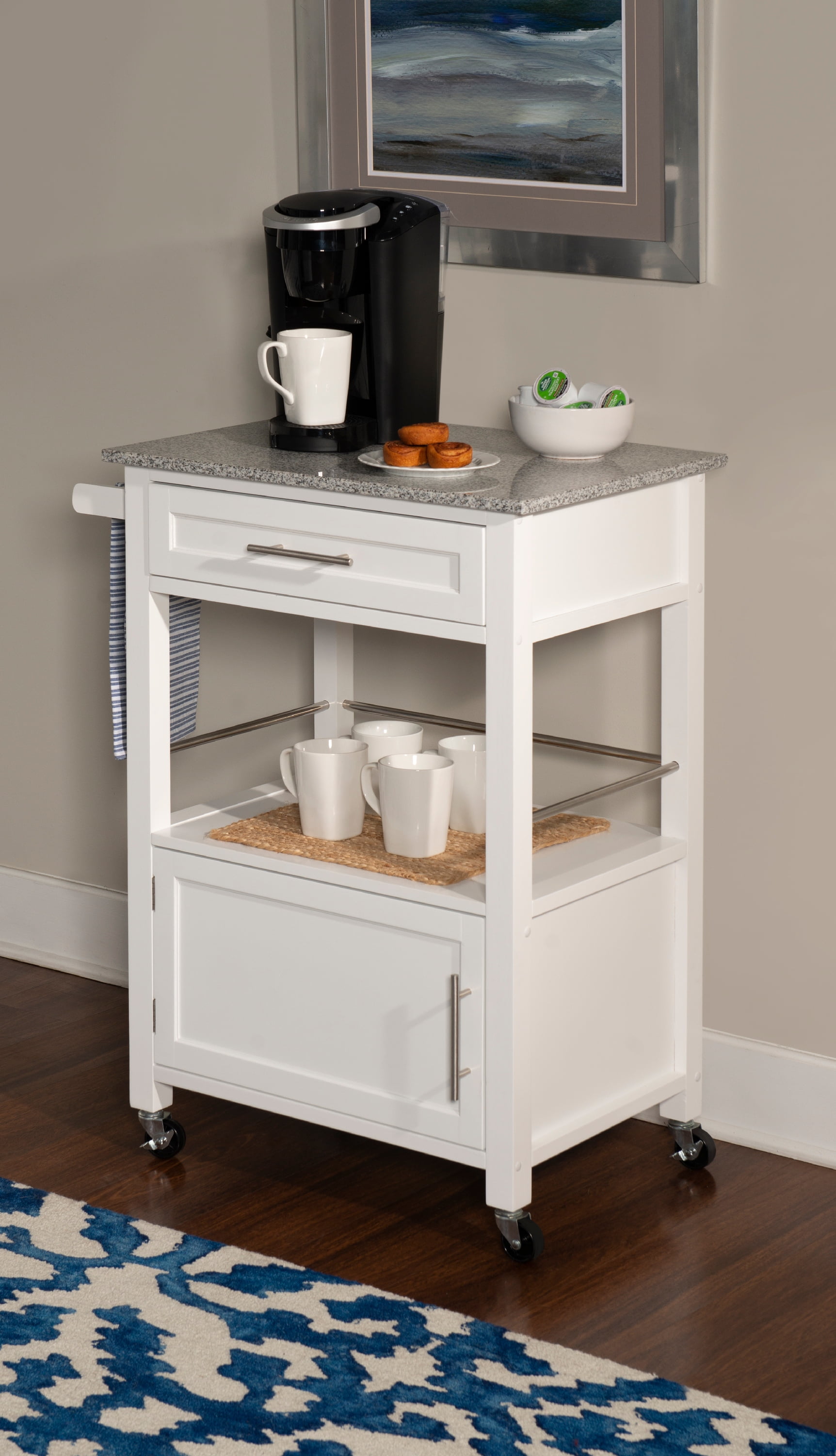 Linon Monett Mobile Kitchen Cart, White Finish with Granite Top ...