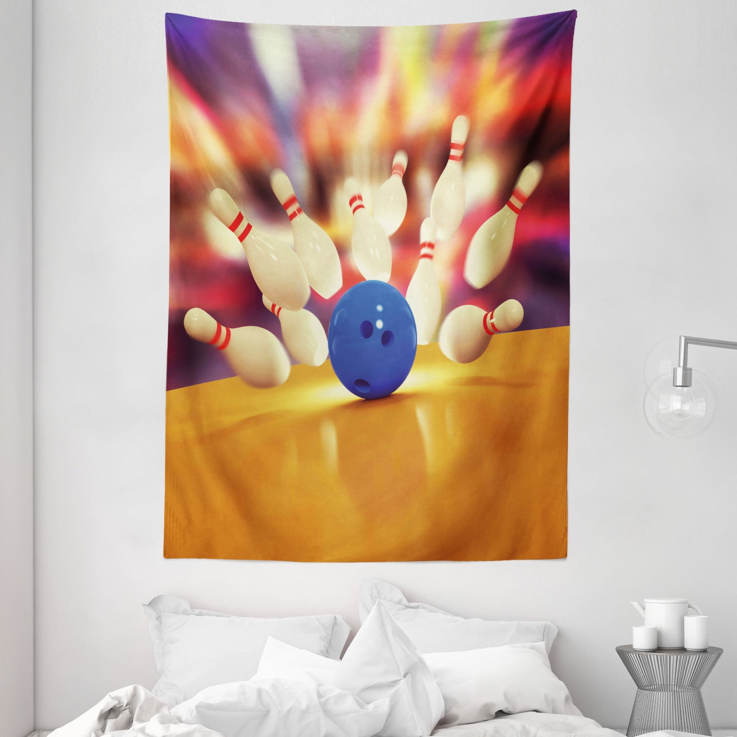 Bowling Party Tapestry, Spread Skittles Blue Ball on a Wooden Floor ...