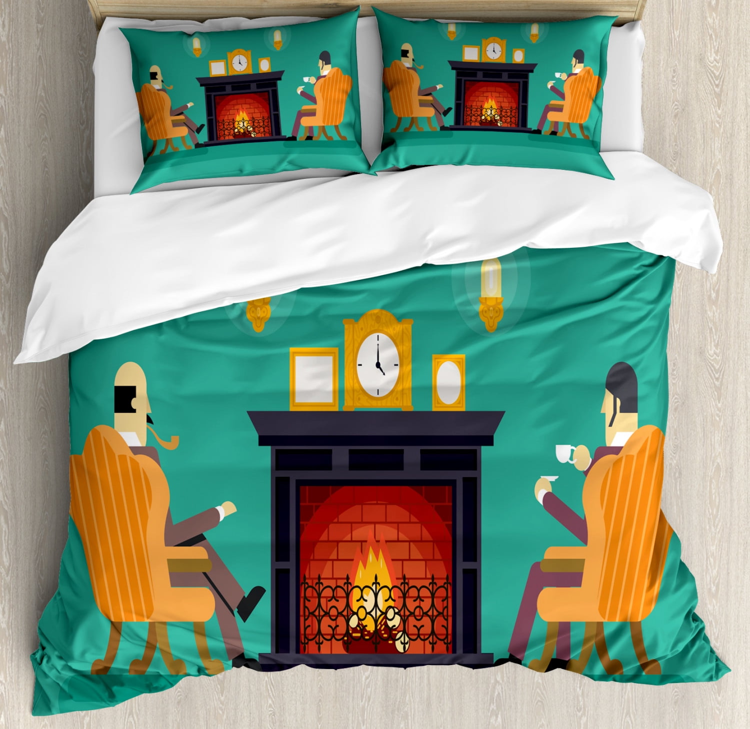 Fireplace Duvet Cover Set Queen Size, Cartoon of Classic Look Log Fire ...