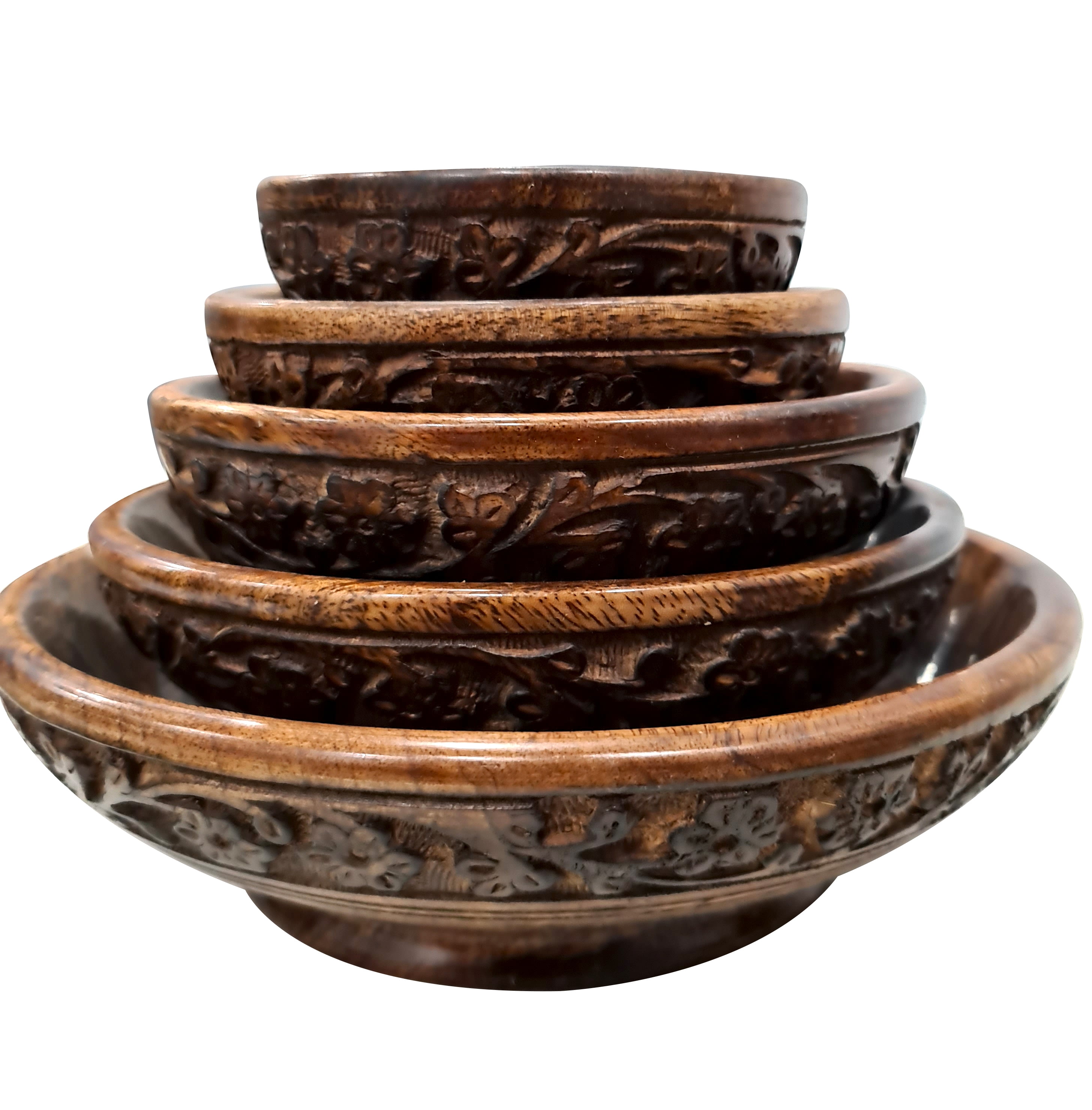 Vintage Brown Color Hand Carved Rustic Wooden Serving Bowl Set of 5 ...
