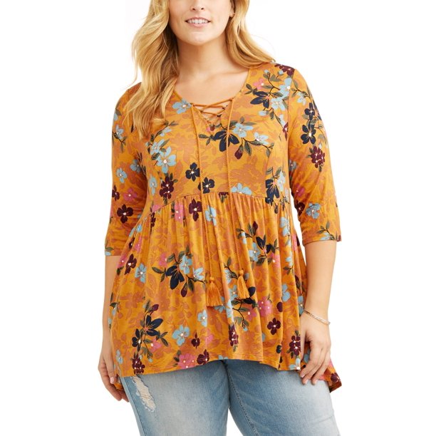 Terra & Sky - Women's Plus Size 3/4 Sleeve Lace Up Print Peplum Top ...