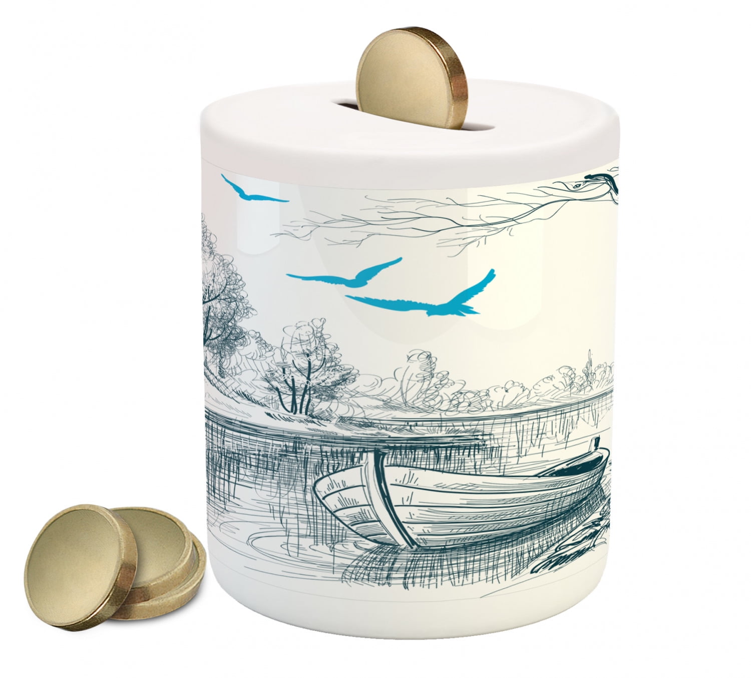 Landscape Piggy Bank, Boat on Calm River Trees Birds Twigs Sketch ...