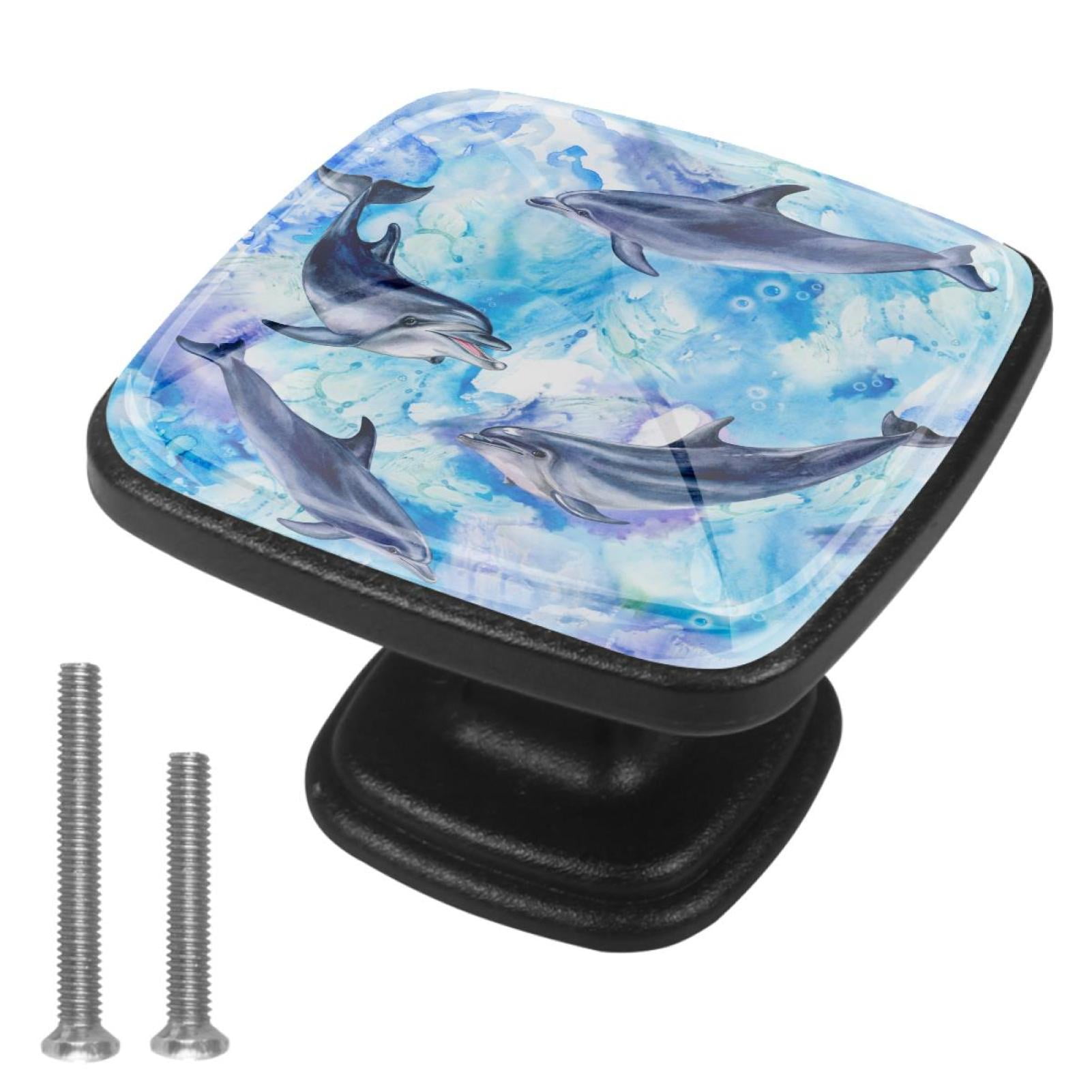 4 Pcs Cabinet Handle Drawer Pulls Watercolor Dolphins Knobs with Screws Square Furniture Office ...