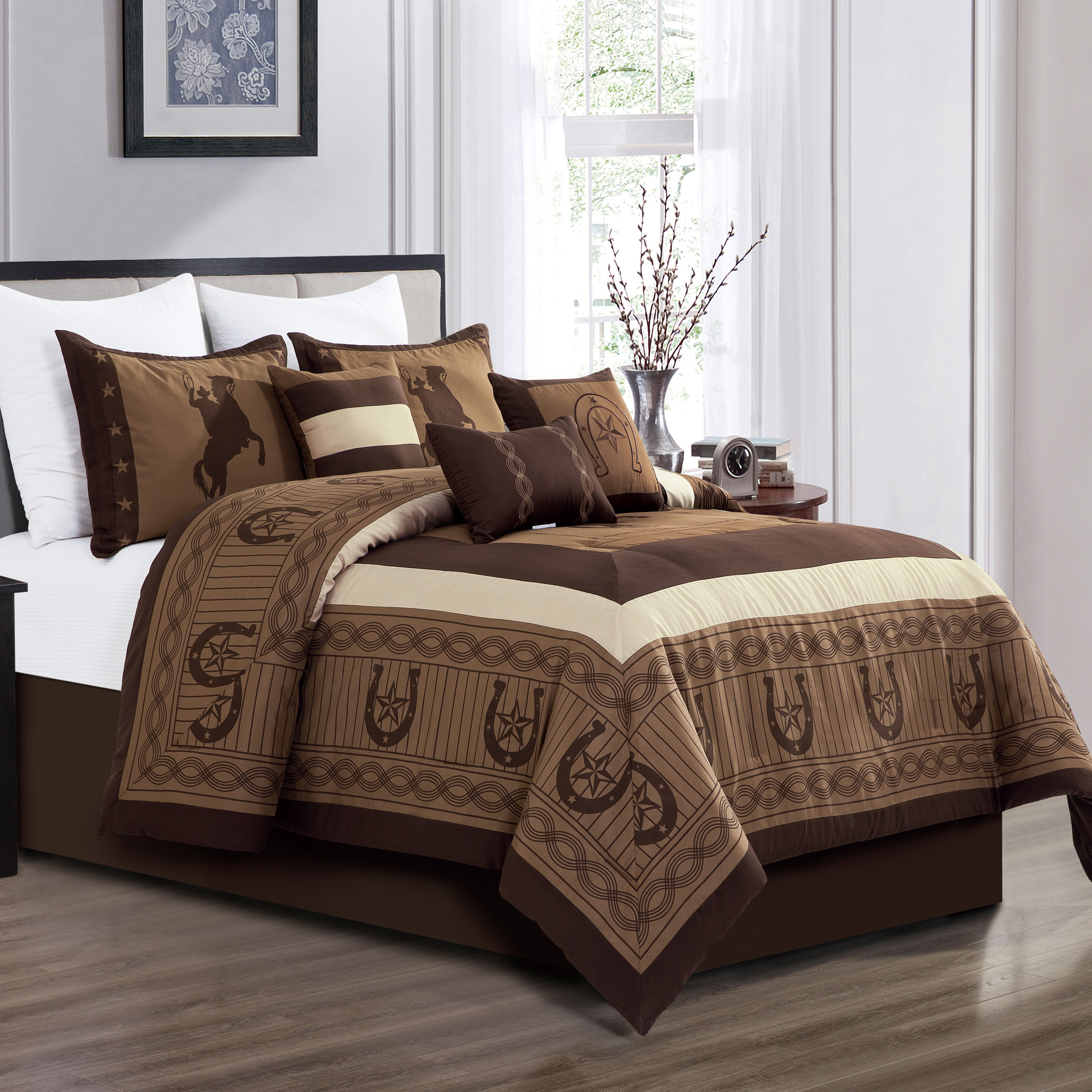 7 Piece Southwestern Brown Beige Horse Rider Comforter Set King Size 7 Piece Southwestern Brown Beige Horse Rider Comforter Set King Size