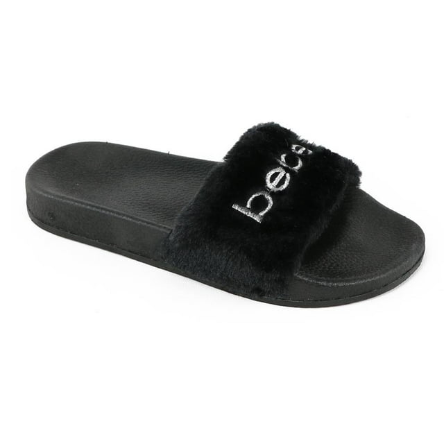 Bebe Girls Faux Fur Embroidered Slides Sandal (Black Silver 2/3 ...