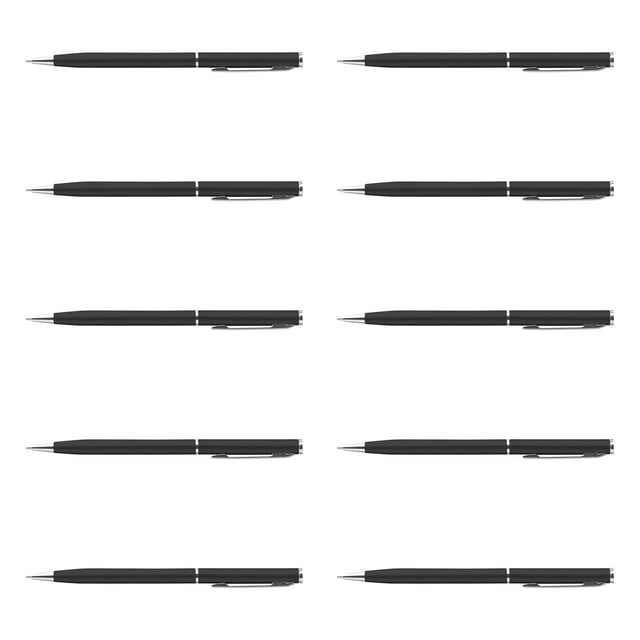 10 Skinny Ballpoint Metal Pens Pack - Sleek, Twist Off, Black Ink ...