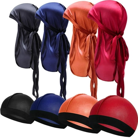 TESNN 8 Pieces Silky Durag Caps Elastic Wave Cap Long Tail Headwraps ...