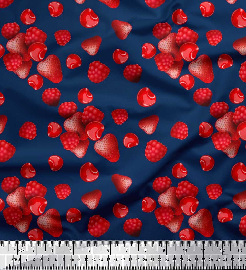 Soimoi Velvet Fabric Raspberry,Strawberry & Cherry Fruits Print Fabric ...