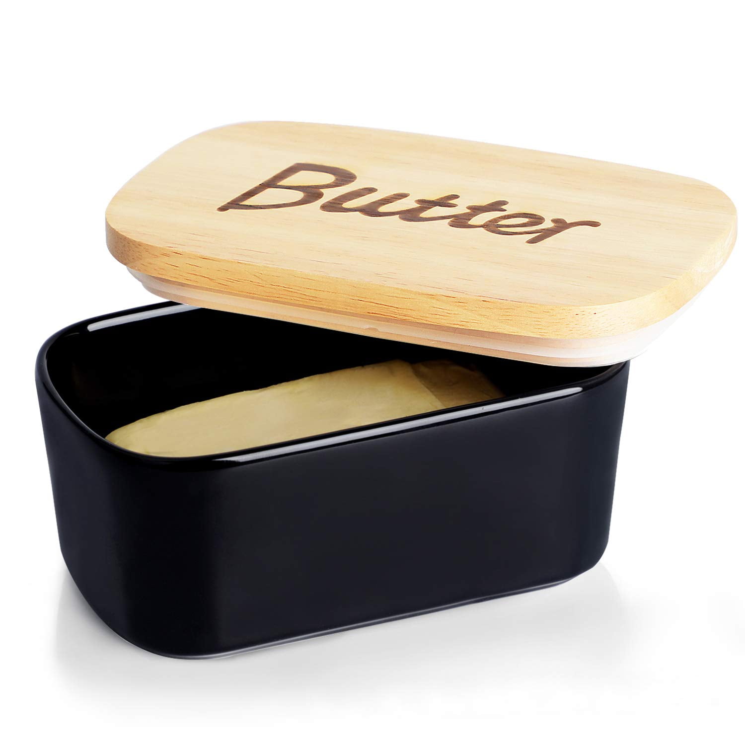 Butter Dish with Wooden Lid- Large Ceramics Covered Butter Holder for ...