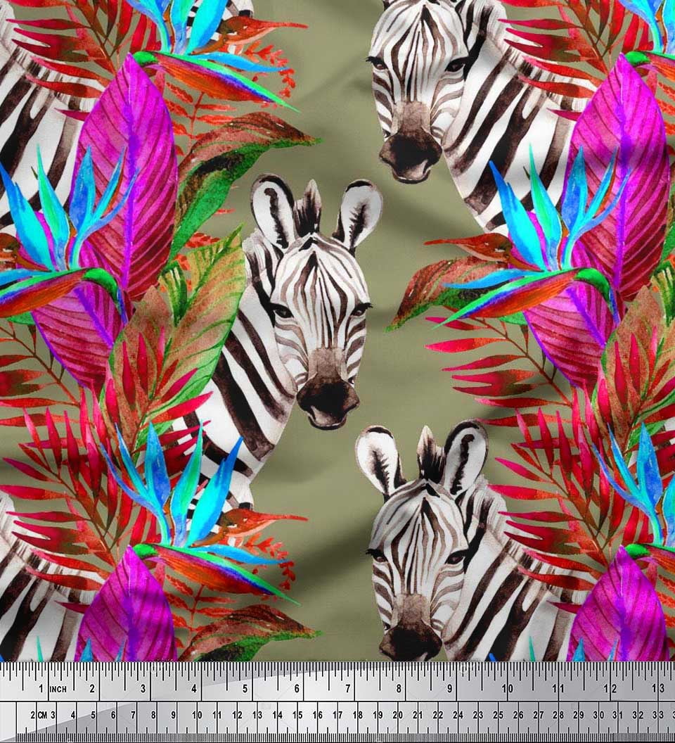 Soimoi Green Cotton Duck Fabric Tropical Leaves & Wild Animal Print ...