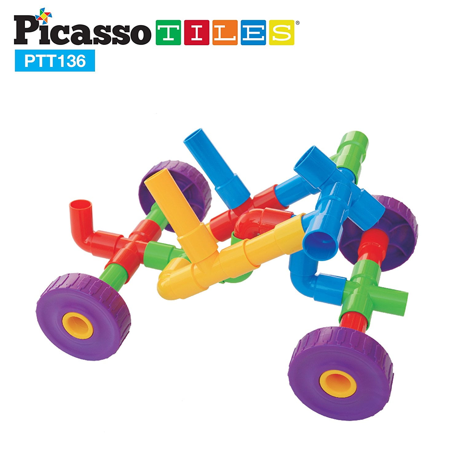 PicassoTiles PTT136 136pcs Pipe Tube Wheel Building Set w/ Musical Kit ...
