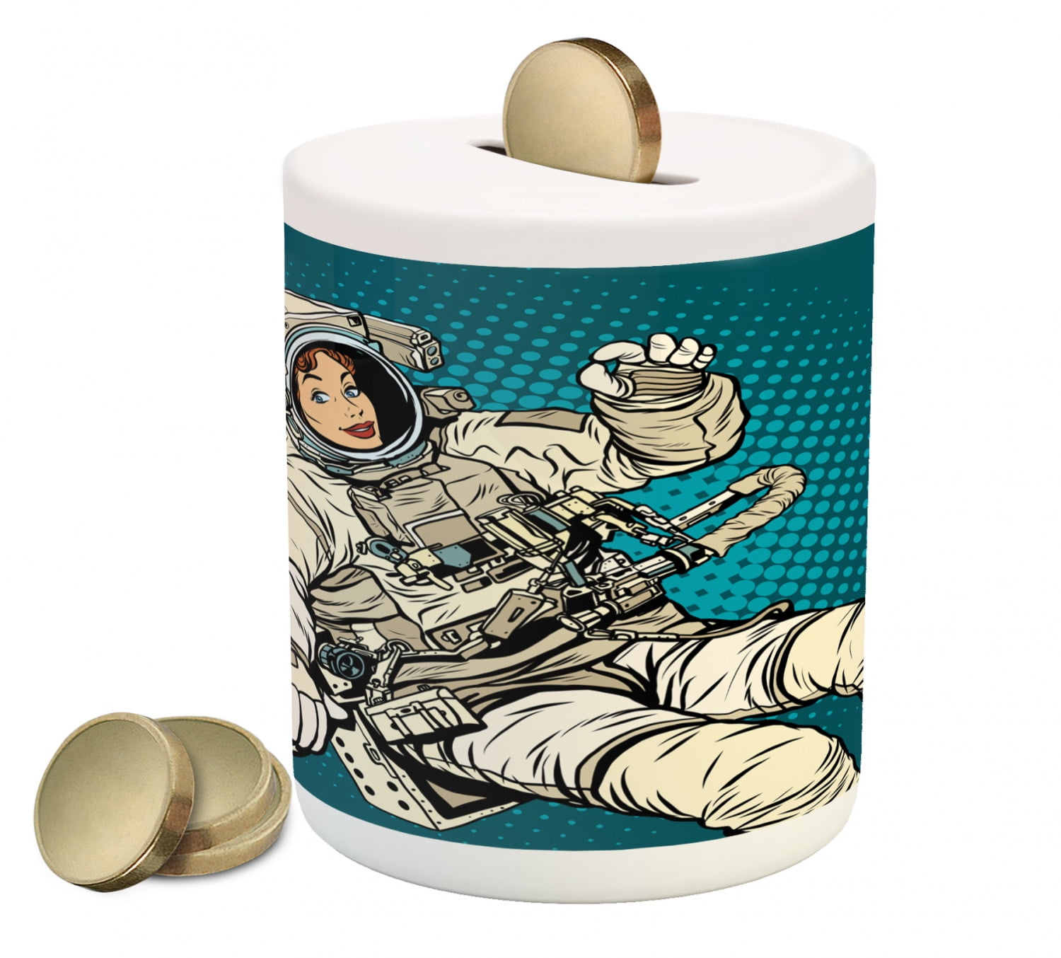 Outer Space Piggy Bank, Woman Astronaut Hands with Her Better Half Pop ...