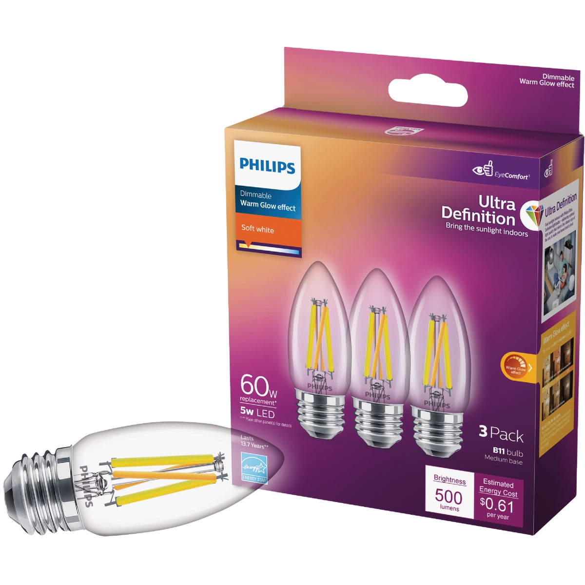 Philips 3pk 60w B11 Wg Led Bulb 573378 - Walmart.com