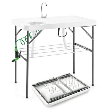 Gymax Folding Fish Cleaning Table w/ 2 Built-in Sinks & 360° Rotatable ...