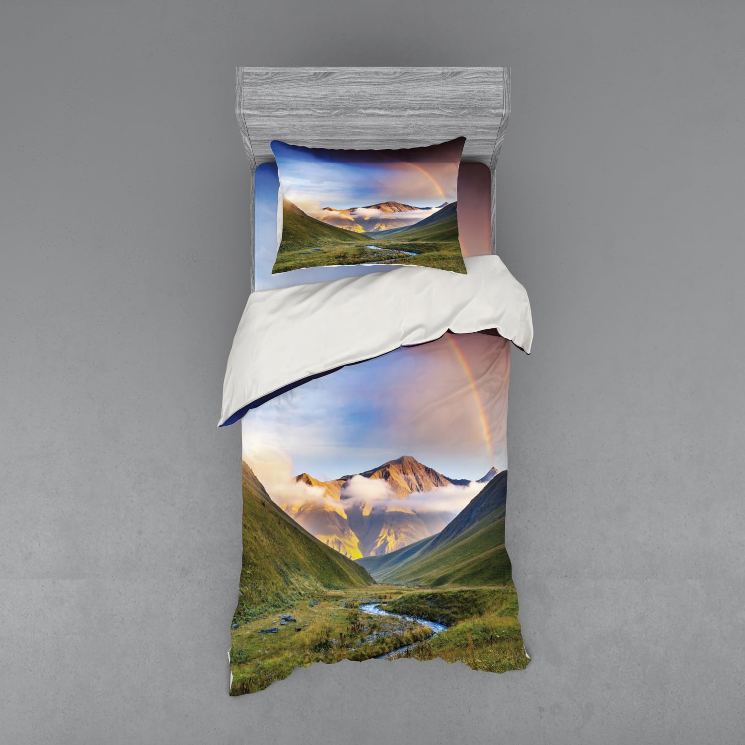 Landscape Duvet Cover Set, Serene Meadow with Narrow Riverbed Mountains ...