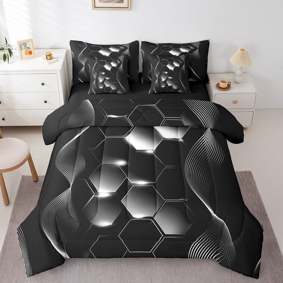 YST Honeycomb Striped Bed in a Bag Queen Comforter Set 7 Piece,Geometry ...