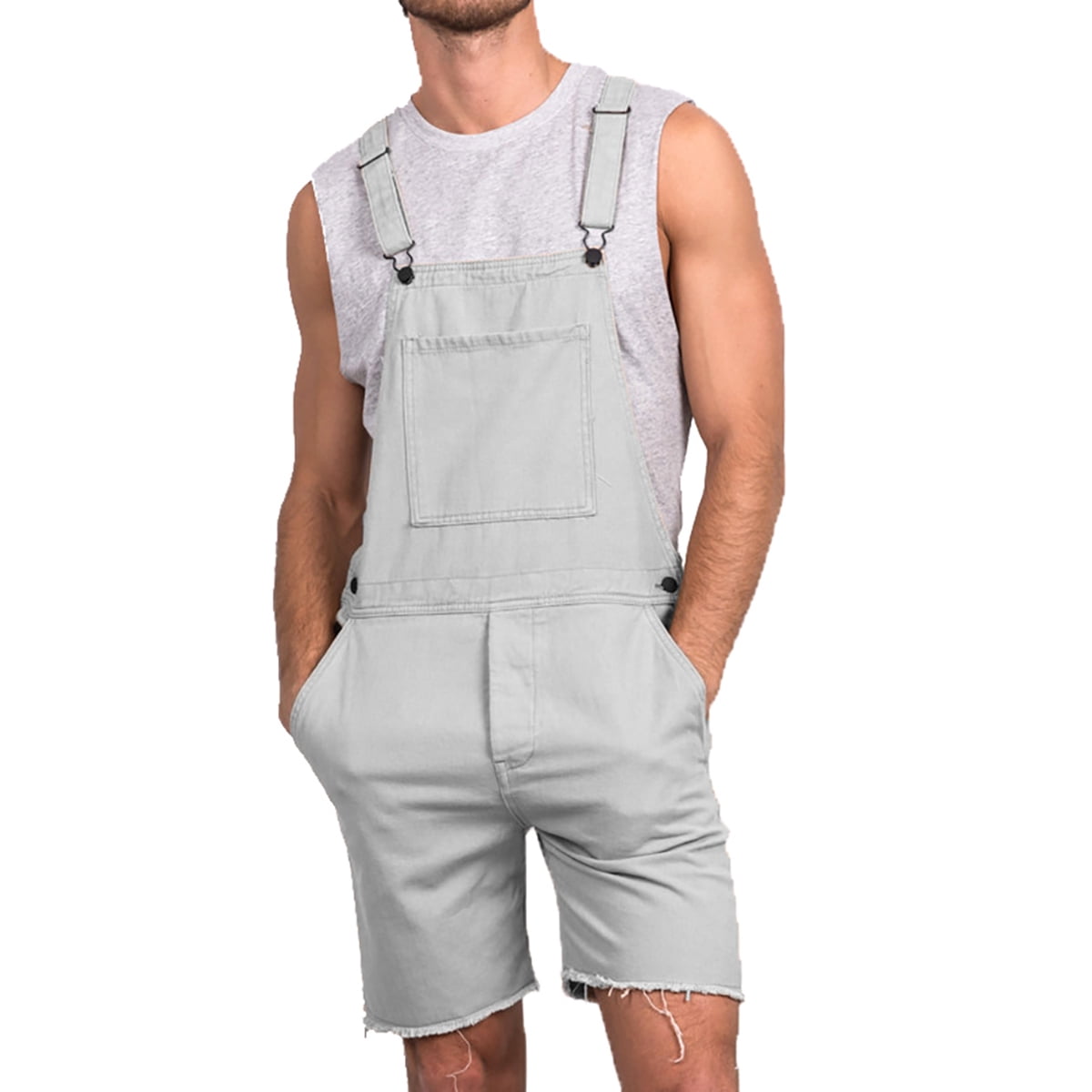 Dellytop Mens Solid Color Pockets Bib Overalls Romper Shorts Gray XXL ...