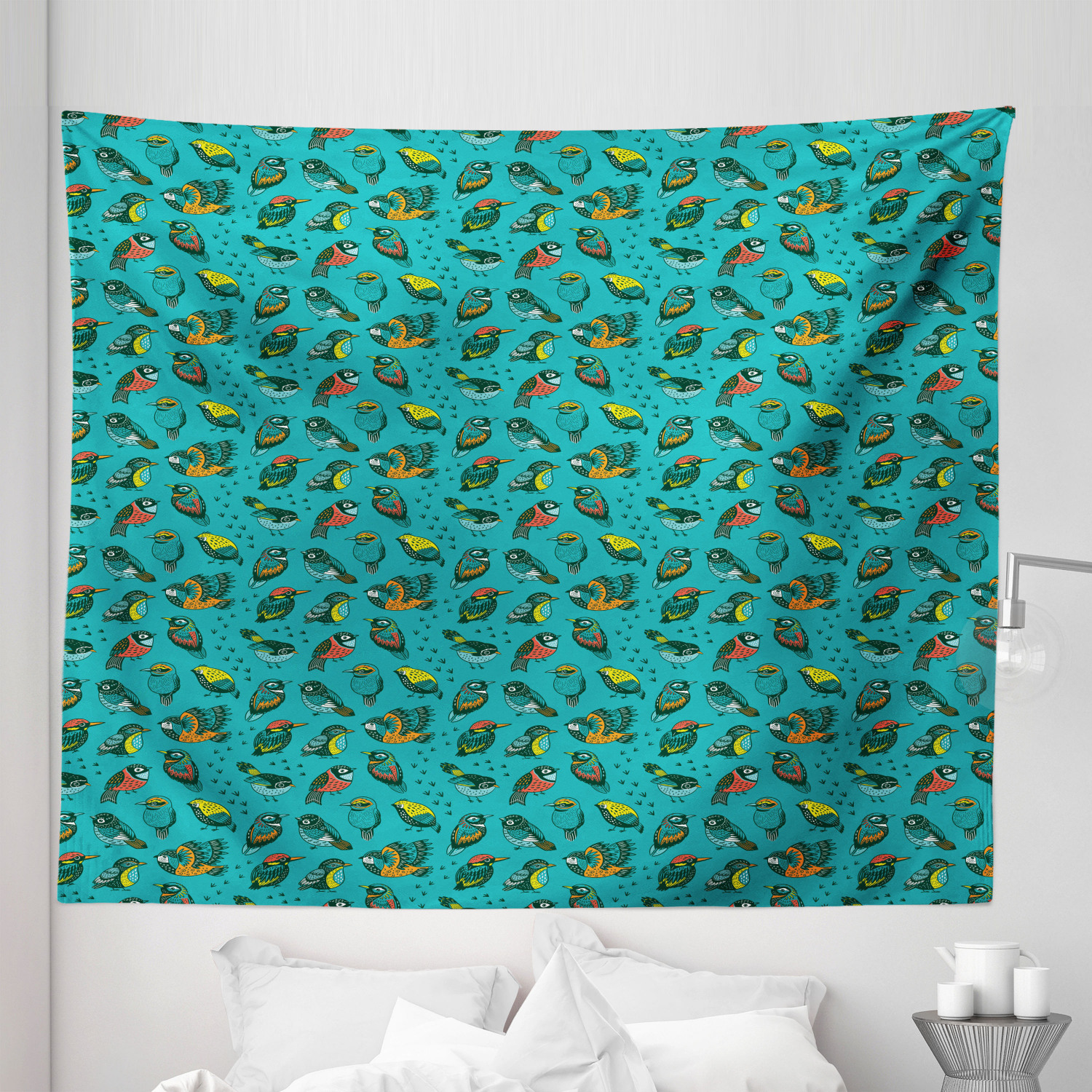 Birds Tapestry, Roosting Eastern Sparrow and Flying American Goldfinch ...