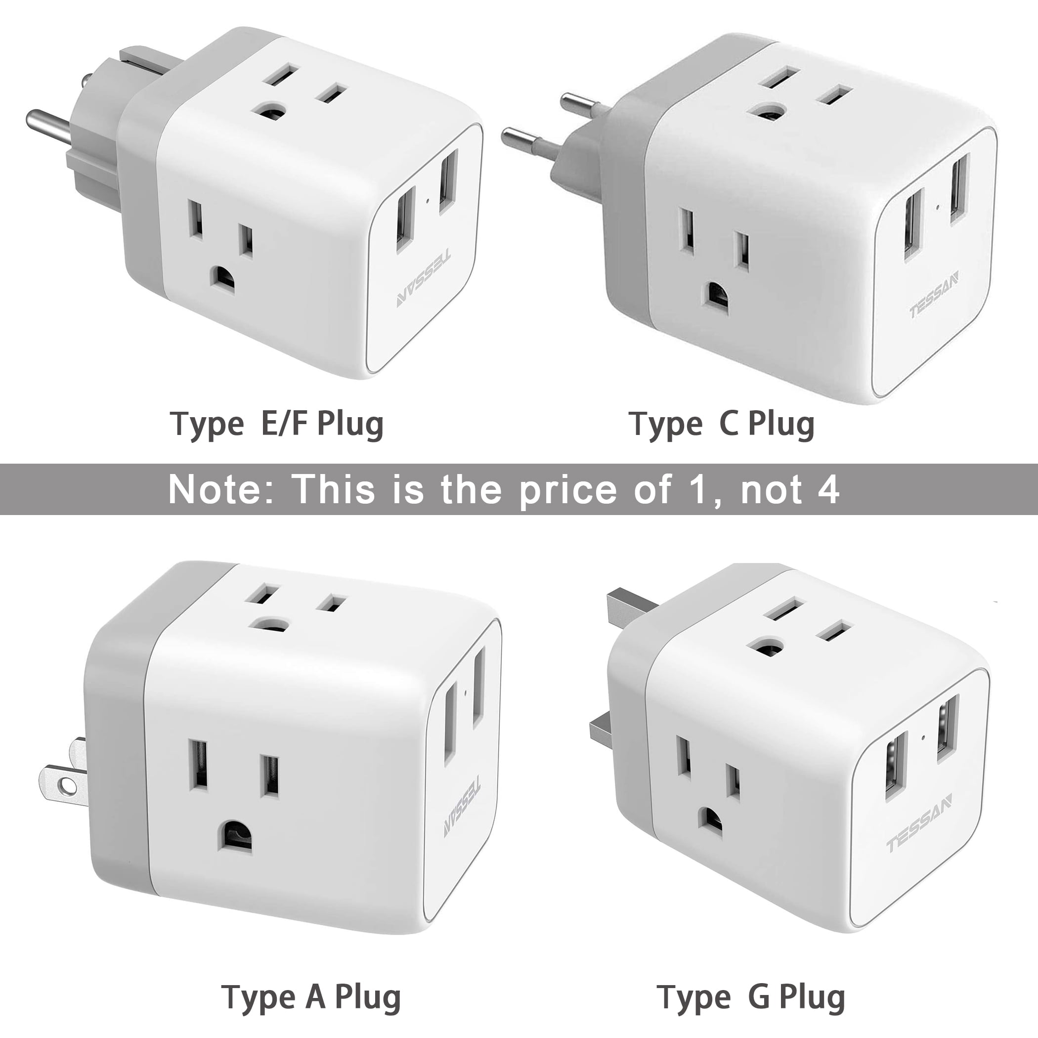 Buy TESSAN Travel Power Plug Adapter,3 Outlets with 2 USB Charging ...