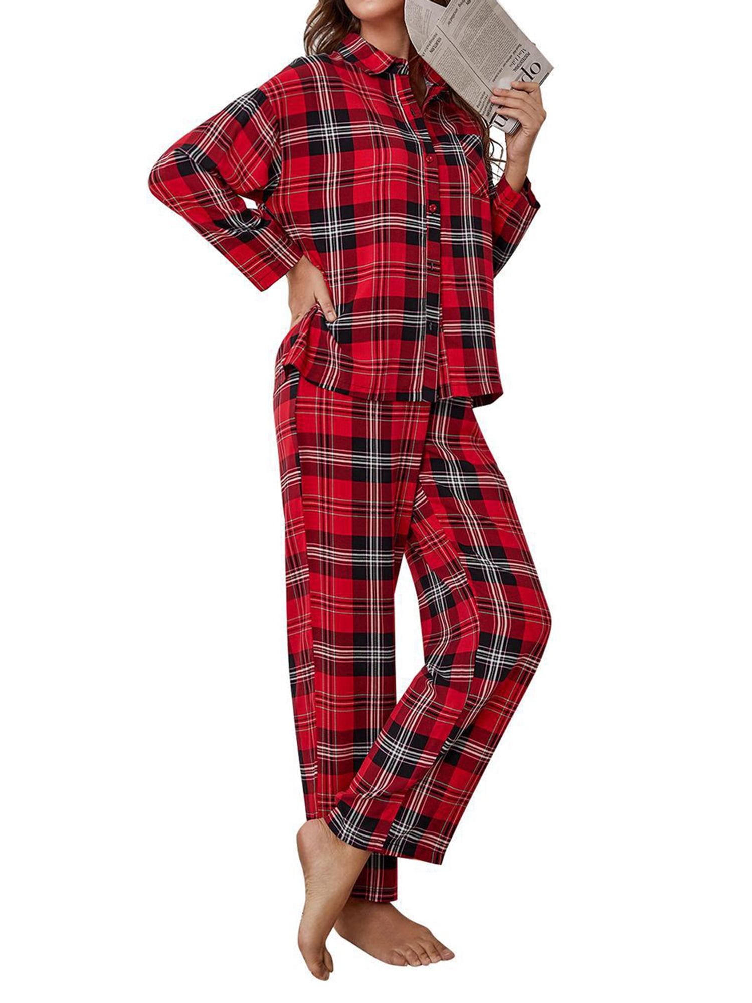 Women Pajamas Lounge Set Plaid Turn-Down Collar Long Sleeve Shirts Tops ...