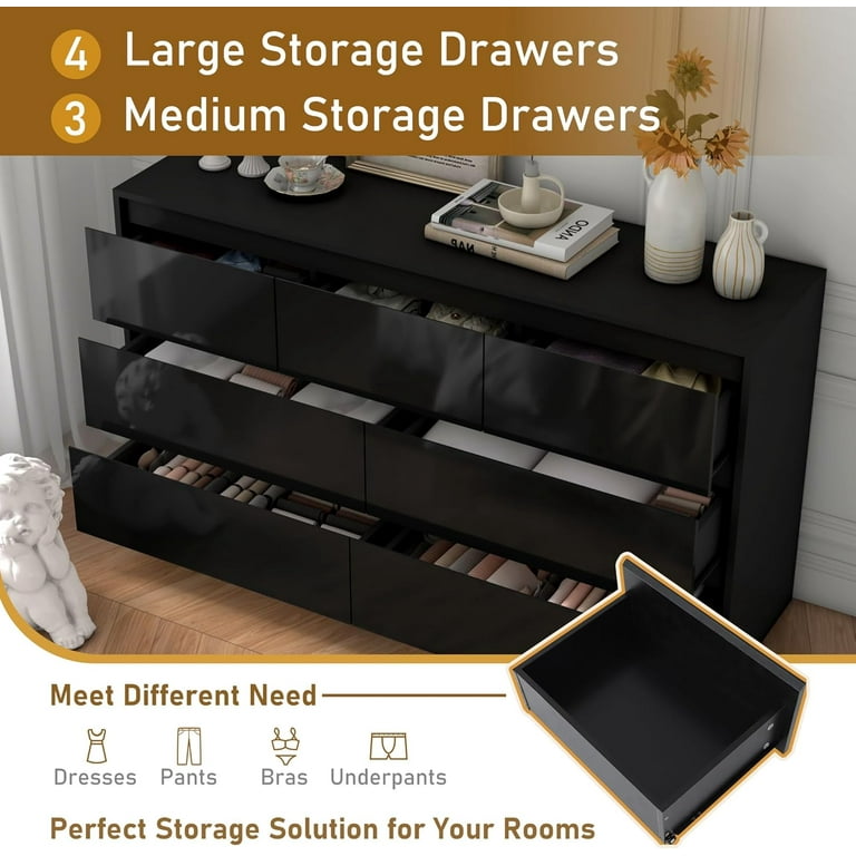 Blotout Black Malm Dresser for Bedroom 55 Long Dresser High Gloss Dresser with 7 Drawers Large Wood Chest of Drawer Handle Free Dresser for