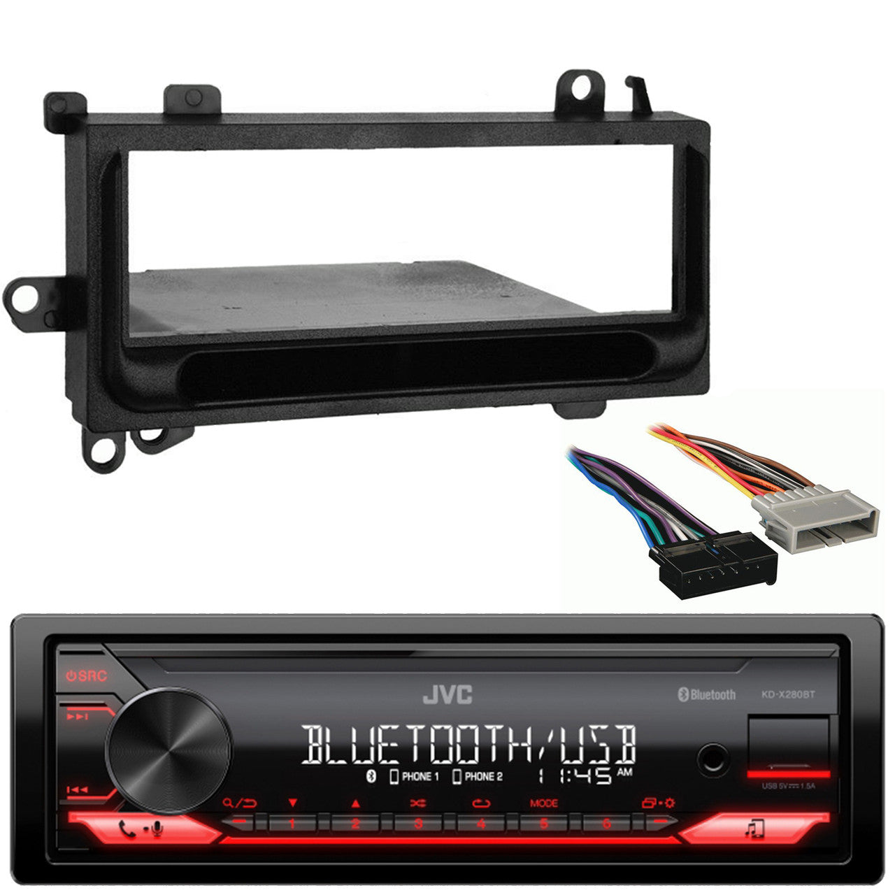 JVC KD-XD28BT Single DIN Digital Media Shallow Chasis Receiver Bluetooth and Dash Kit Harness ...
